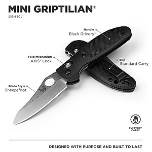 Benchmade - Mini Griptilian 555-S30V Outdoor Knife with Black Handle (555-S30V)