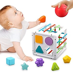 TOPZONE Baby Montessori Toys for 1 Year Old Boy Girl Gifts, Shape Sorter Sensory Bin Toys 6 to 12 18 Months, Fine Motor Skill Activity Cube Toddler Travel Baby 1st Birthday Gifts