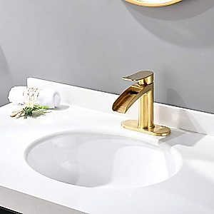 Phiestina Single Handle Waterfall Faucet for Bathroom Sink in Brushed Gold Finish, with 4-Inch Deck Plate,Metal Pop Up Drain Assembly & CUPC Water Supply Lines,NS-SF01-BG