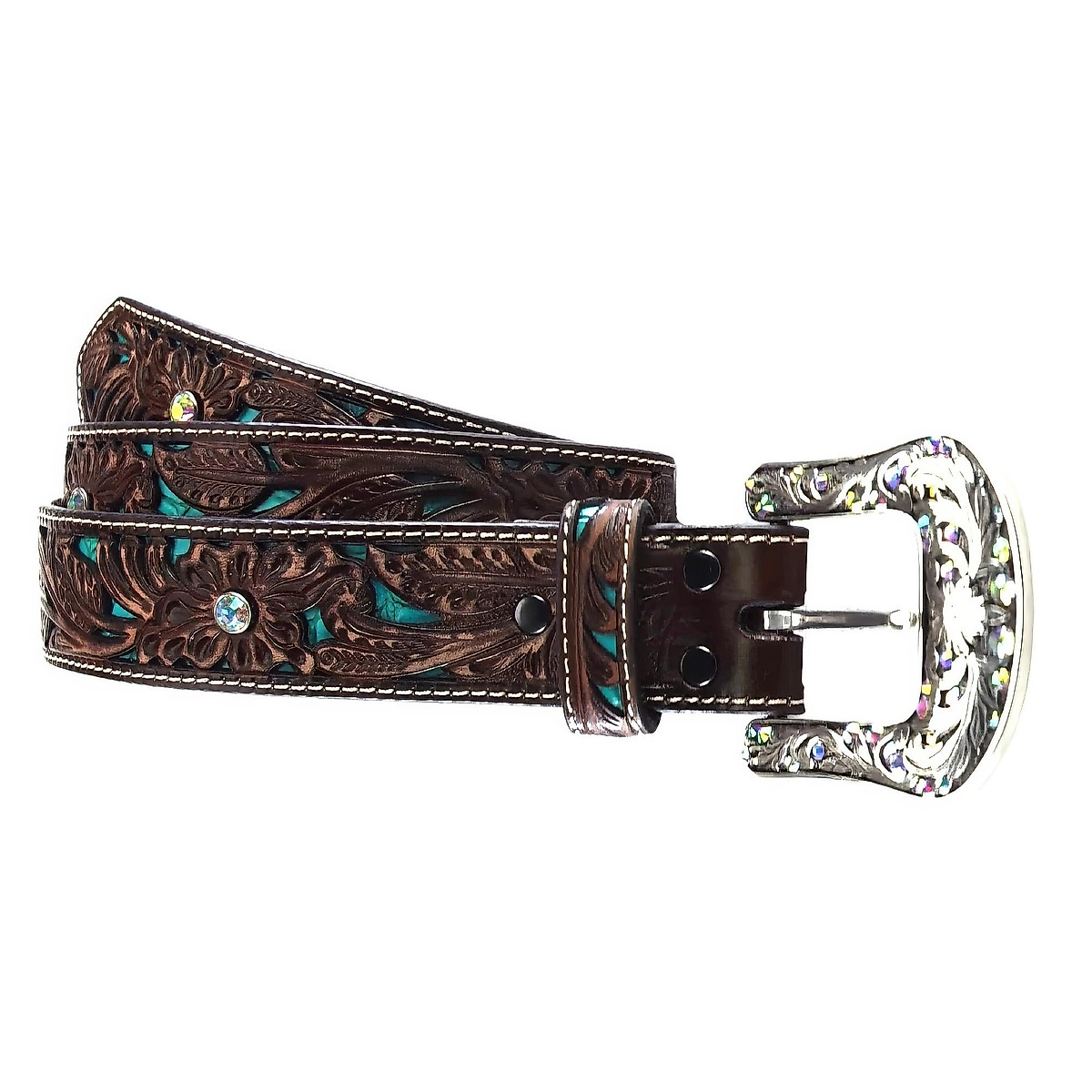 Ariat Women's Blue Inlay Floral Bling Belt, Brown, Large