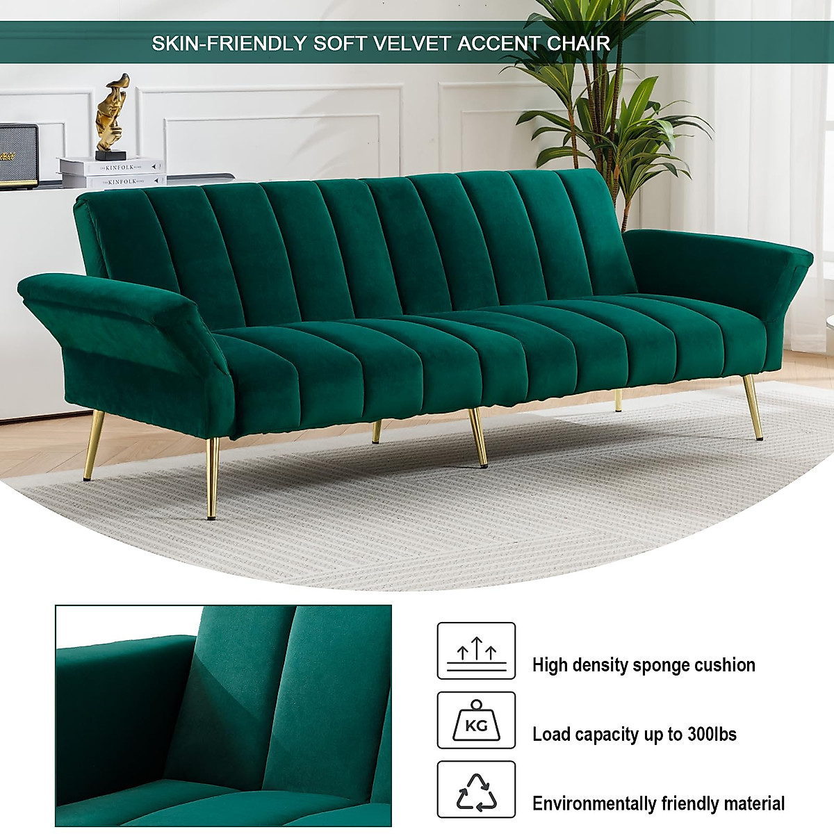 TTGIEET 75'' W Modern Velvet Sofa Couch，Mid Century Loveseat Living Room Furniture with Golden Legs, Tufted Upholstered Love Seats for Small Space, Apartment, Bedroom, Office （Green）