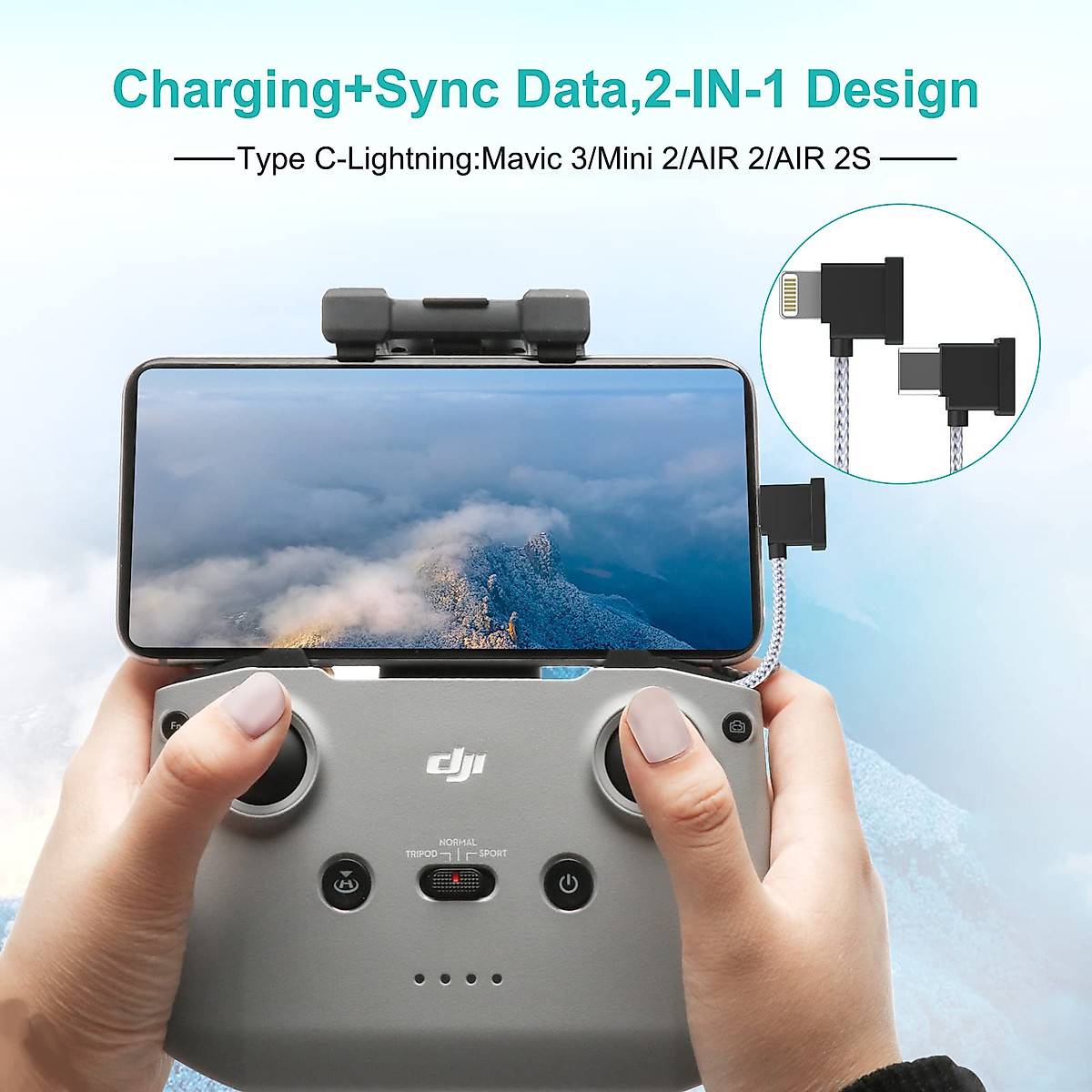 MTAKYI USB C-Lightning 0.5FT/15CM iPhone Charge+Data Remote Controller Cable,for DJI Mavic Air 2,Mavic Air 2S,Mavic Mini 2,Mavic 3,Drone Accessories Nylon Braided OTG Adapter (Apple/iOS Connector)