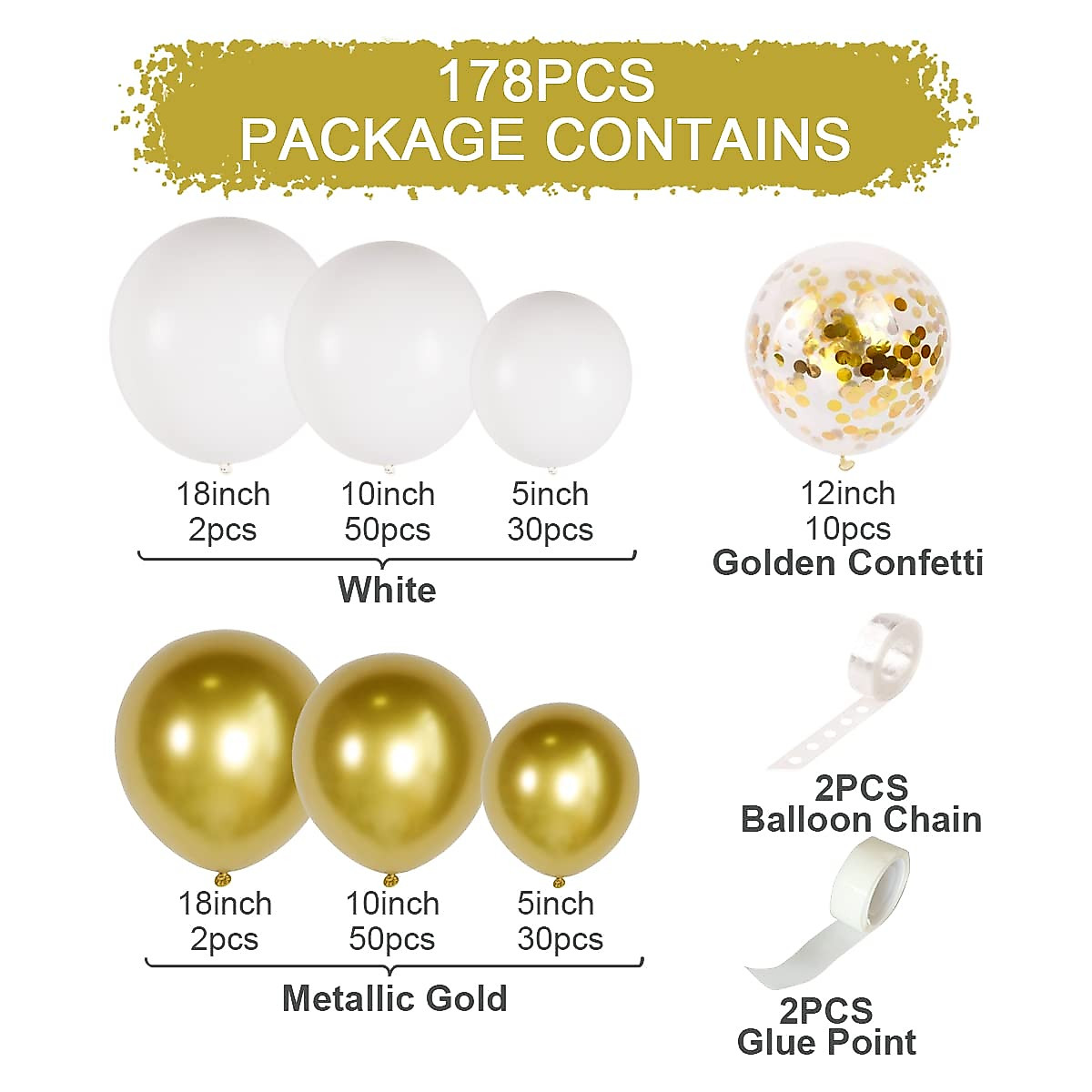 DIY White Gold Balloons Kit - 178 pcs Balloon Arch Garland Kit Include White Metallic Gold Confetti Balloons for First Communion Baptism Wedding Bridal Baby Shower Birthday Party Decorations Backdrop