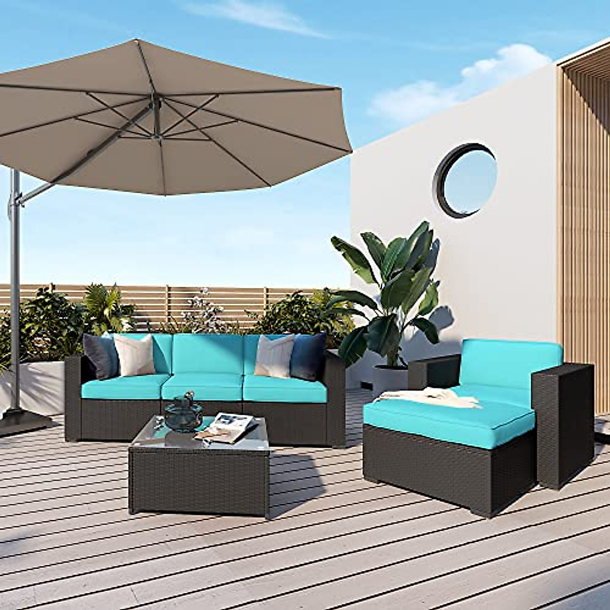 Rio AcePRO 6 Piece Patio Conversation Garden Sectional Sofa Outdoor Furniture Couch Set, Brown Wicker and Beige Cushion, Blue