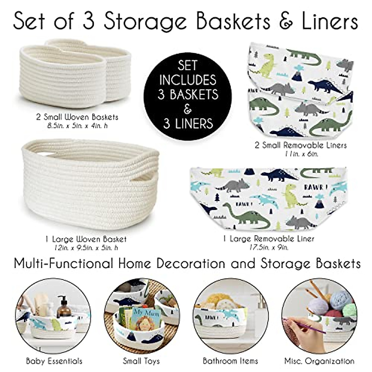 Sweet Jojo Designs Blue Green Modern Dinosaur Boy Woven Storage Basket Set 3pc Cotton Rope Diaper Caddy Bins Baby Nursery Kids Closet Drawer Organizer Liner Turquoise Mod Dino Boho Bohemian Grey White