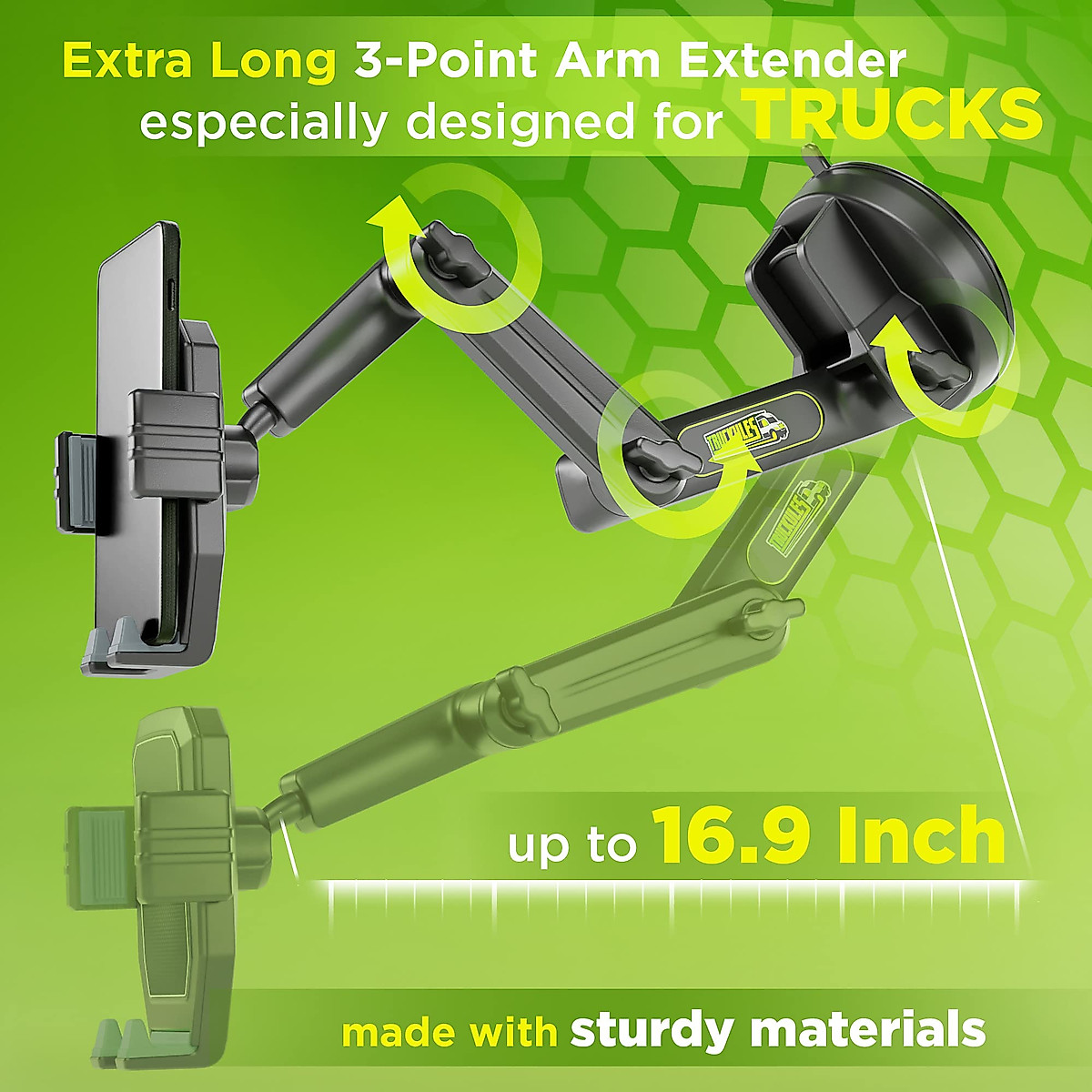 Truckules Truck Phone Holder Mount Heavy Duty Cell Phone Holder for Truck Dashboard Windshield 16.9 inch Long Arm, Super Suction Cup & Stable, Compatible with iPhone & Samsung, Gray, Pickup Truck