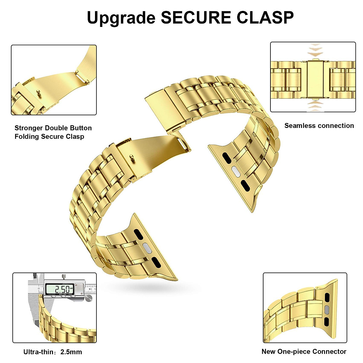 MioHHR Solid Stainless Steel Band Compatible with Apple Watch 38mm 40mm, Metal Strap for iWatch Series 6 5 4 3 2 1 SE Women and Men (Gold,38/40 mm)