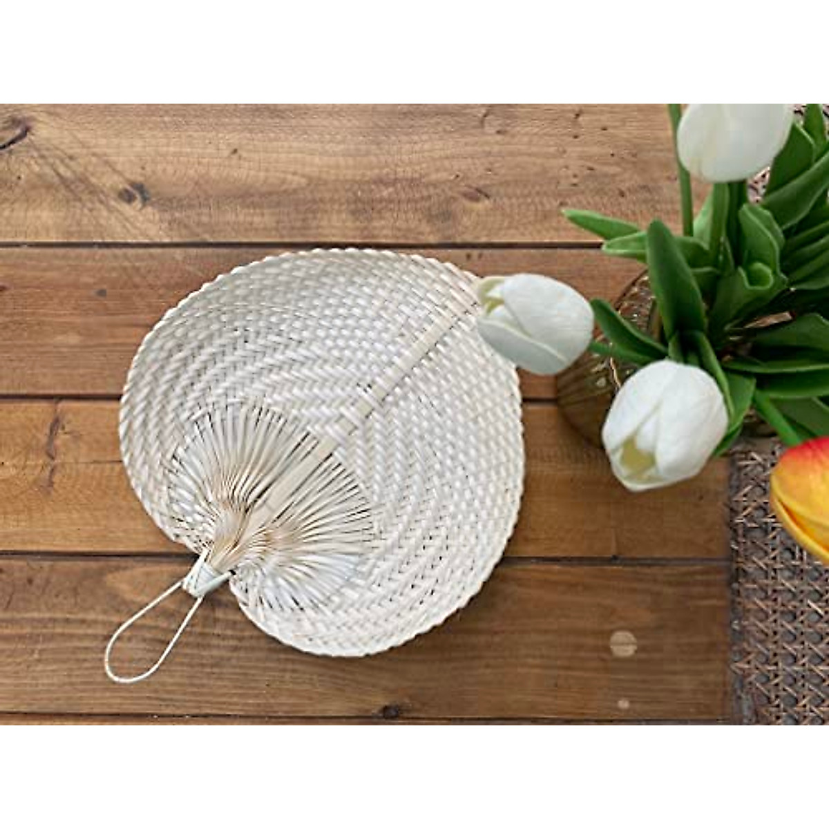TAGREE Wedding Raffia Fans for Guest - Wedding Gift Idea for Couple & Guests Farmhouse Decor & Boho Chic Decor (White with Ring Handle (Set of 12))