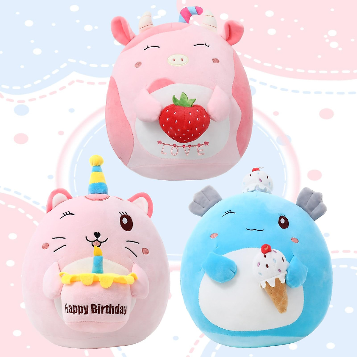 MILEGI 12’’ Happy Birthday Cake Cat Plush Pillow, Cat Stuffed Animal with Stereo Cake, Happy Birthday Plush Toy Cute Cat Plushie Doll, Home Room Decoration Pink Birthday Gifts for Girls Boys Kids