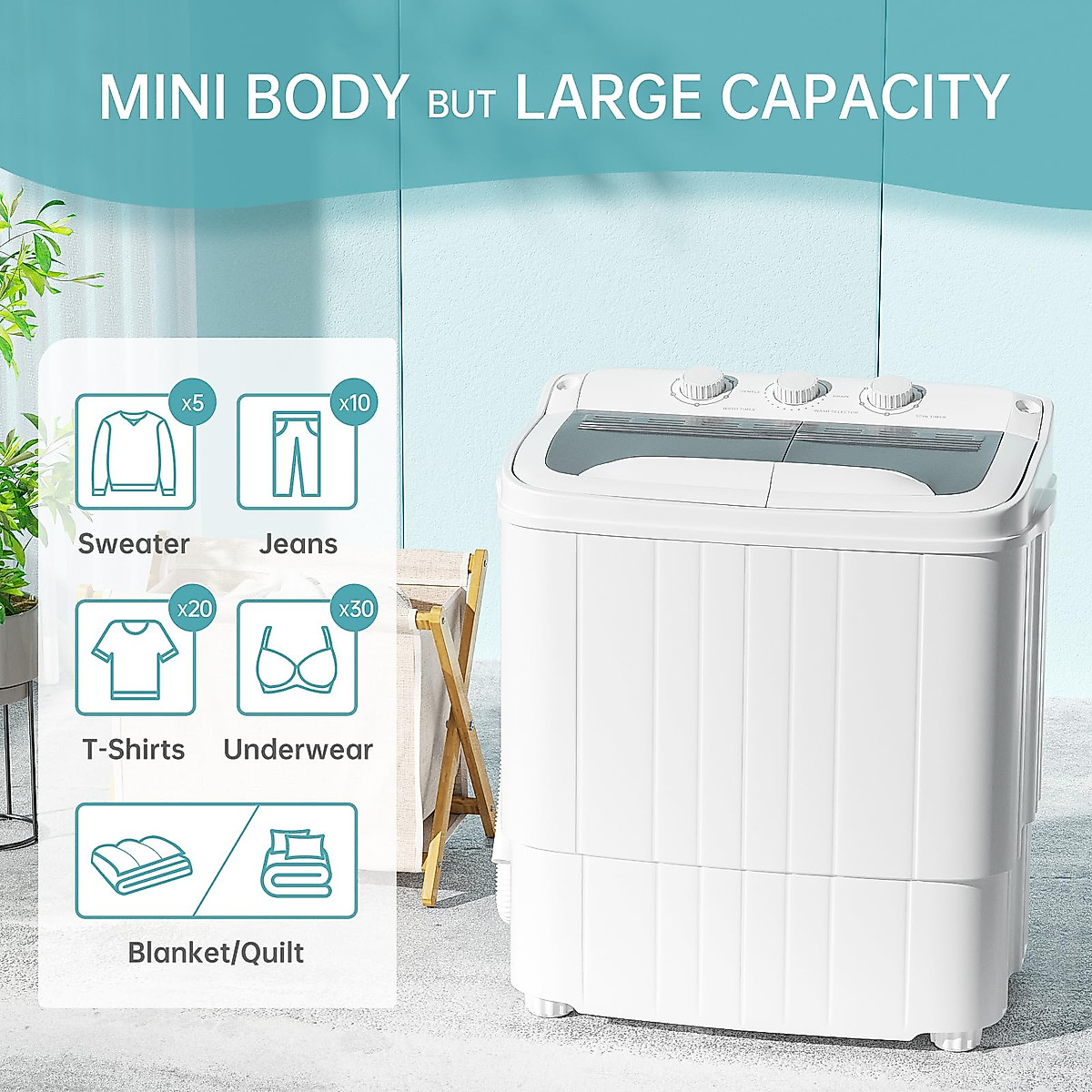 INTERGREAT Portable Washing Machine, 22 lbs Mini Small Washer Machine Combo with Spin Dryer, Compact Twin Tub Laundry Washer Machine for Apartments, Dorm, Rv, Camping, Gray