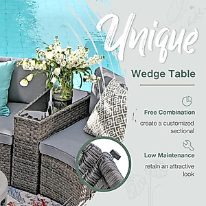 SUNSITT 8 Piece Patio Furniture Set with Propane Fire Pit Half-Moon Curved Patio Set Outdoor Sectional Sofa with 36in Grey Gas Fire Table & Tank Cover, Grey Rattan