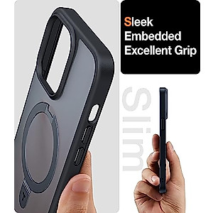 TORRAS Magnetic Shockproof for iPhone 14 Pro Case, [Exceed 3X Mil-Grade Drop Protection][Compatible with MagSafe] Built-in Foldable Stand Slim Yet Protective Phone Cover Grip Ring, Translucent Black