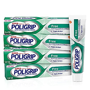 Super Poligrip Zinc Free Denture and Partials Adhesive Cream, 2.4 ounce (Pack of 4)