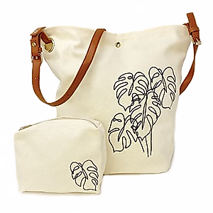 Monstera Canvas Crossbody Tote Bag & Zipper Pouch, Shoulder Tote Bag, Plant Lover Gifts For Women