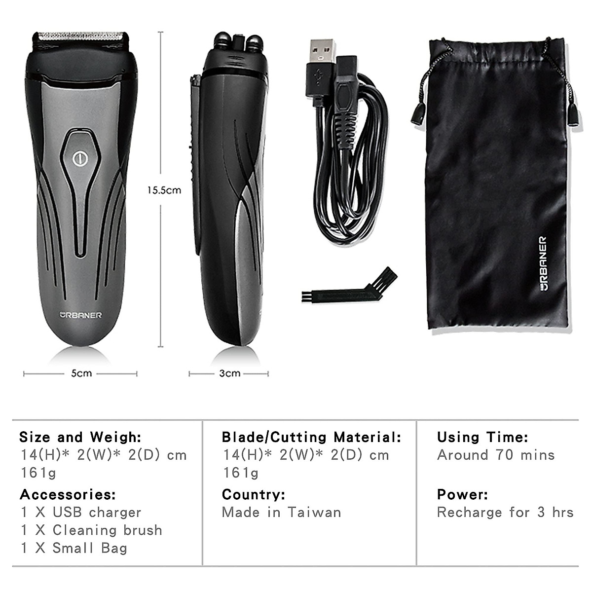 URBANER Rechargeable Electric Razor for Men, Waterproof, Cordless, Professional Beard Trimmer, Safe Grooming Blade, Wet and Dry Foil Shaver, Grey, MB-343