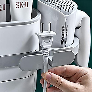 AFULILI Wall Mounted Bathroom Storage Rack Punch-Free Bathroom Organizer with Hair Dryer Holder Plug Holder for Washroom Restroom Shower Toilet Kitchen 4 Hooks (Navy)