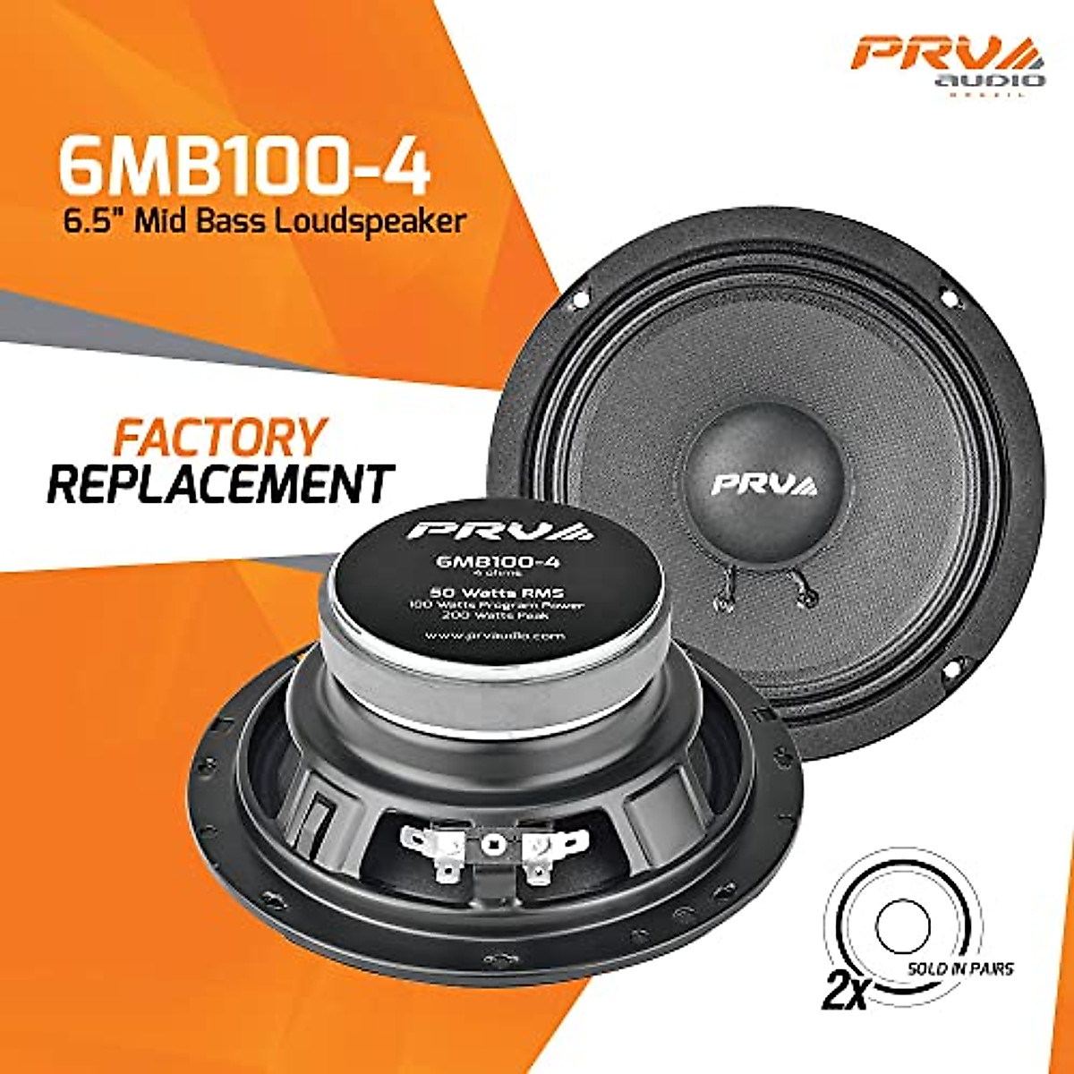 PRV AUDIO 6MB100-4 Pair of 6.5 Inch Midbass Speaker for Pro Car Audio, 4 Ohm, 50 Watts RMS Power, 200 Watts Max Power Mid Bass Factory Replacement Loudspeaker (Pair)