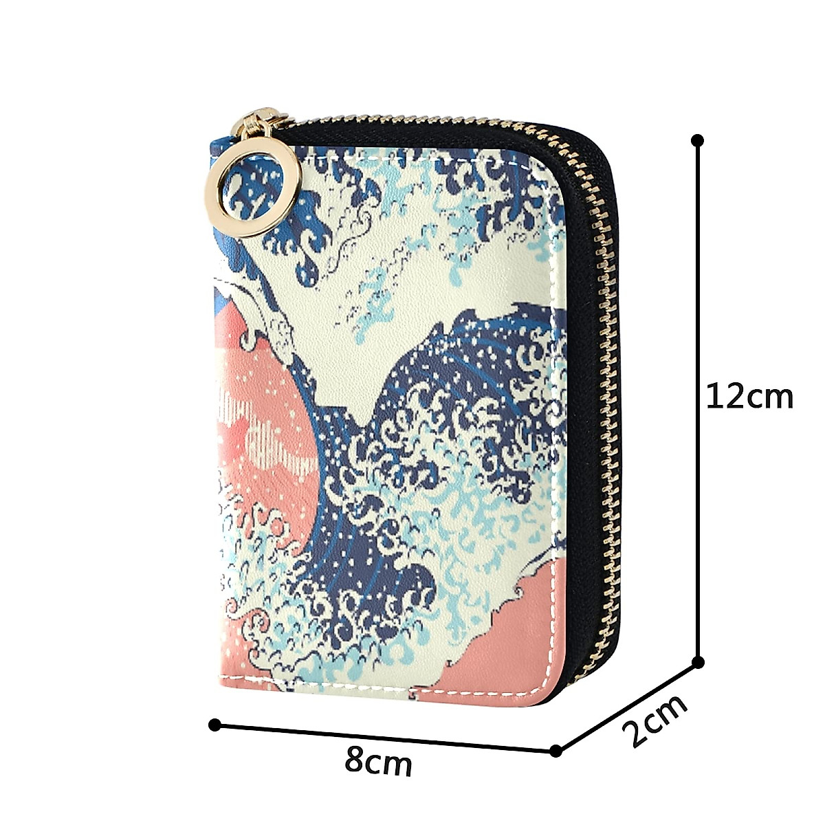 Japanese Great Waves Pink Background Credit Card Coin wallet, RFID Blocking Compact Women Leather Card Holder, Key Change Organizer, Zipper Purse Clutch Pouch Pocket