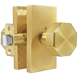 Felibat Privacy Gold Door Knob Interior, Octagonal Satin Brass Door Knobs with Lock, Rectangle Rosette Door Handles