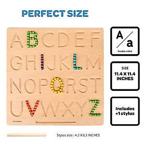 BLUE GINKGO Wooden Alphabet Tracing Board - Double-Sided Montessori Letter Tracing Board - Preschool and Toddler Learning Toys - Uppercase and Lowercase Wooden Alphabet - 11.4 x 11.4 Inches