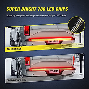 Nilight Truck Tailgate Light Strip 48" Aluminum Frame Triple Row 780 LED Strip with Red Running Brake Lights White Reverse Amber Sequential Turn Signals Strobe Lights，2 Years Warranty