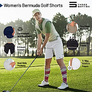 Three Sixty Six Womens Bermuda Golf Shorts 8 ½ Inch Inseam - Quick Dry Active Shorts with Pockets, Athletic and Breathable Ice White