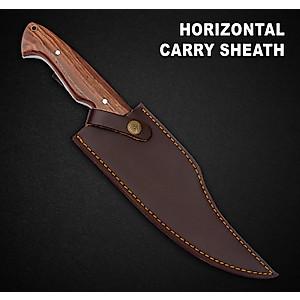 Nescole Handmade D2 Steel Hunting Bowie Knife With Rose Wood Handle & Leather Sheath - 13.5" Tactical Bowie Survival Hunting Knife For Camping, Hiking, Skinning, Fishing