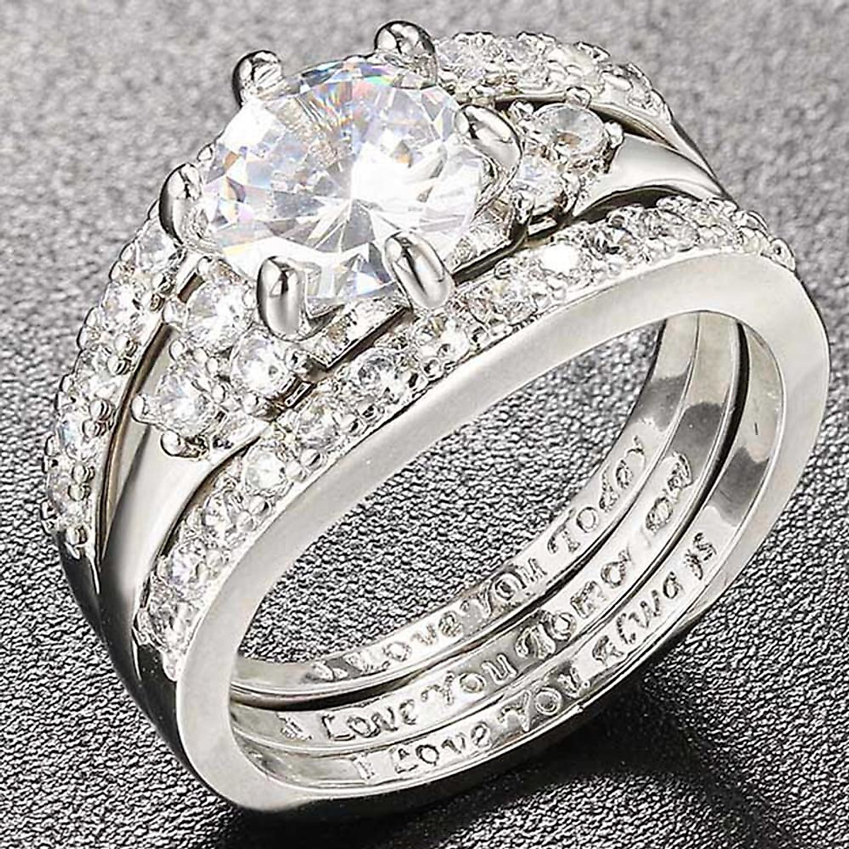 Jude Jewelers Platinum Plated Three-in-One Wedding Engagement Statement Proposal Valentines Halo Bridal Ring Set (Silver, 7)