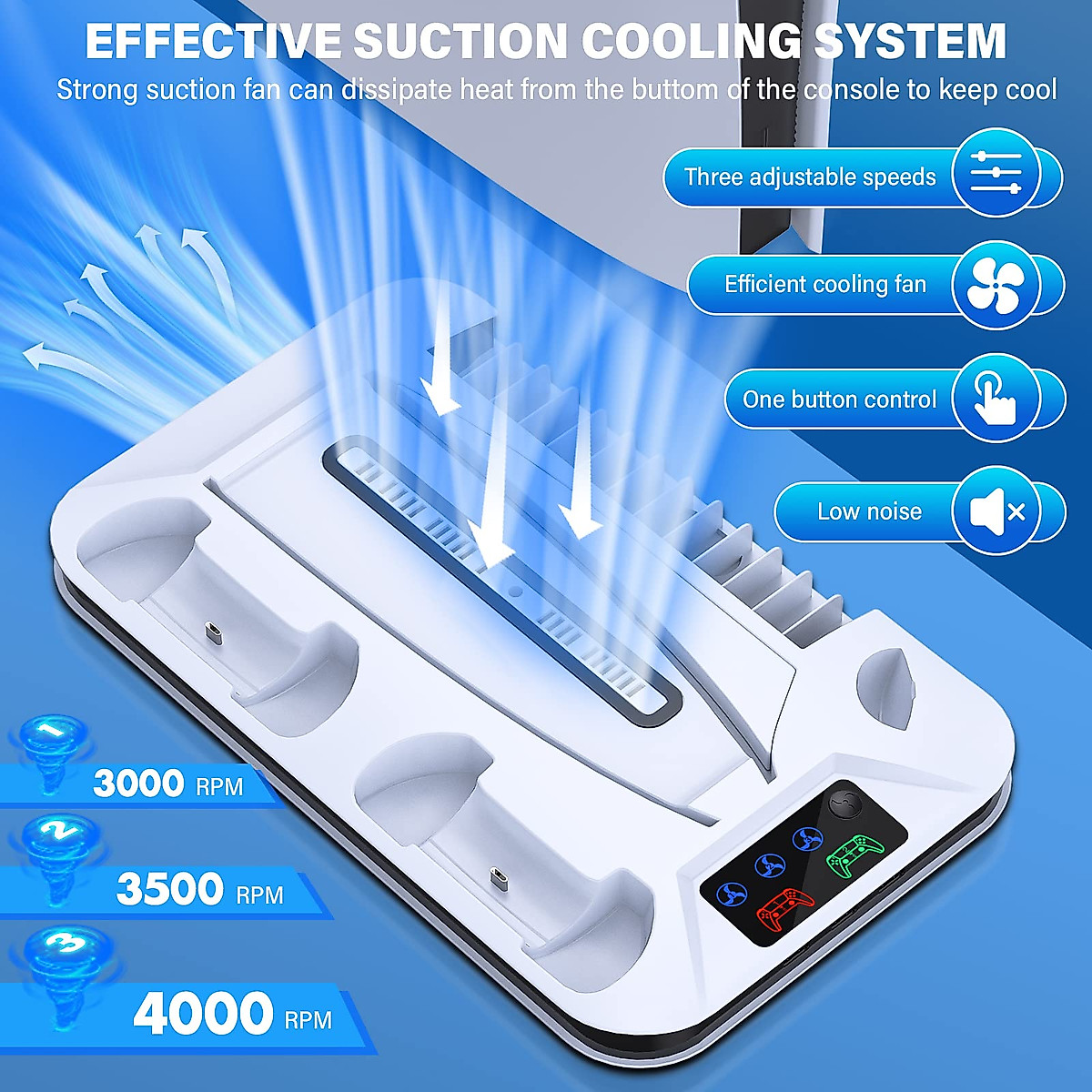 Stand with Cooling Fan and Dual Controller Charger for PS5 Cooling Station Accessories with Cooling Fan Controller Charging Station with 13 Game Slots Headset Holder(Not Fit PS5 Slim Versions)