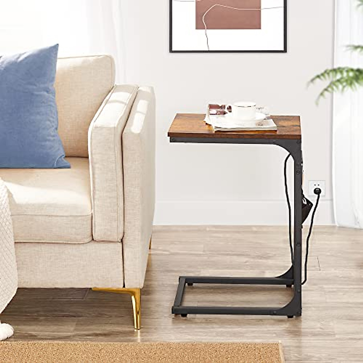 Snack Side Table, C Shaped End Table with Charging Station & USB Ports, Couch Table with Cloth Bag, Tv Tray, Small Bedside Table for Living Room, Bedroom