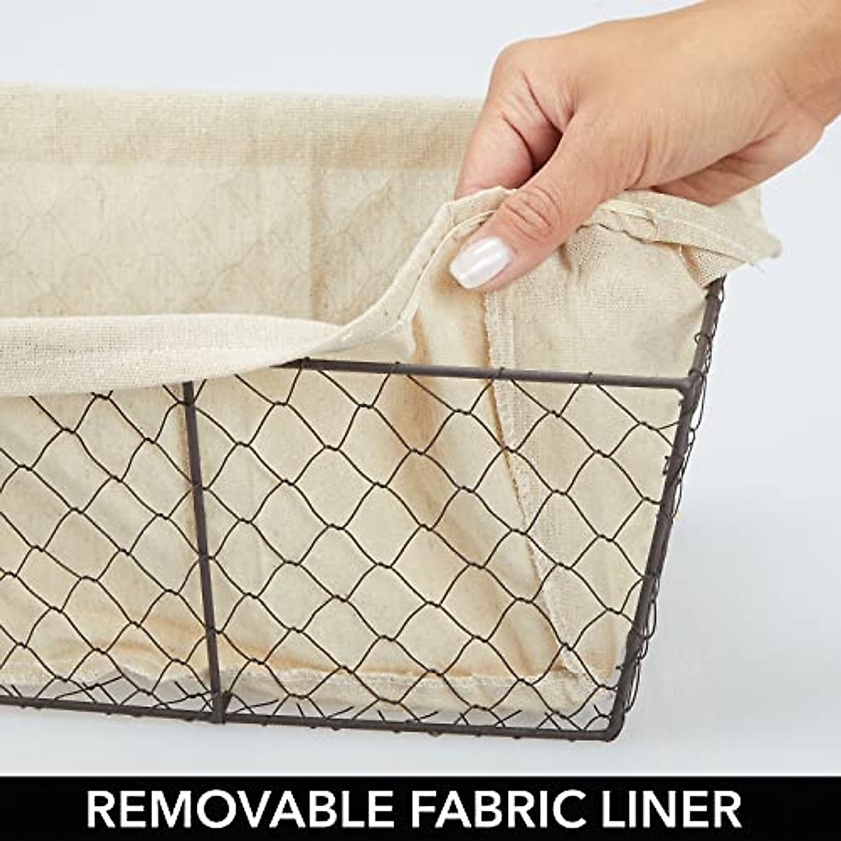 mDesign Medium Metal Farmhouse Home Storage Organizer Basket - Chicken Wire Design, Fabric Liner for Kitchen, Bathroom, Living Room, Pantry, Cupboard, Shelves, Countertop - 4 Pack - Bronze/Natural