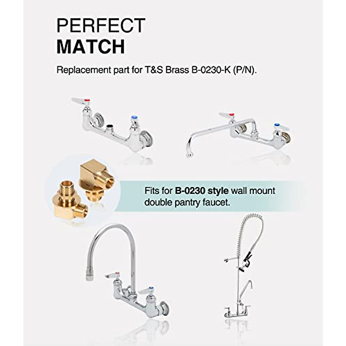 2 PCS B-0230-K Wall Mount Faucet Installation Kit - for T&S B-0230 Style 1/2‘’ NPT Faucets Replacement Include 2 PCS 1/2" NPT Short Elbows, Nipples, Lock Nuts, Washers - Brass