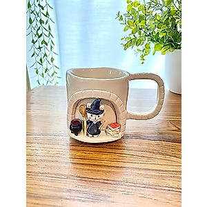 Witch cat and the cauldron. wizard world, magic white Handmade ceramic cup, Hand-painted mug, Unique Surprise gift for Christmas or Birthday. Dishwasher and Microwave safe