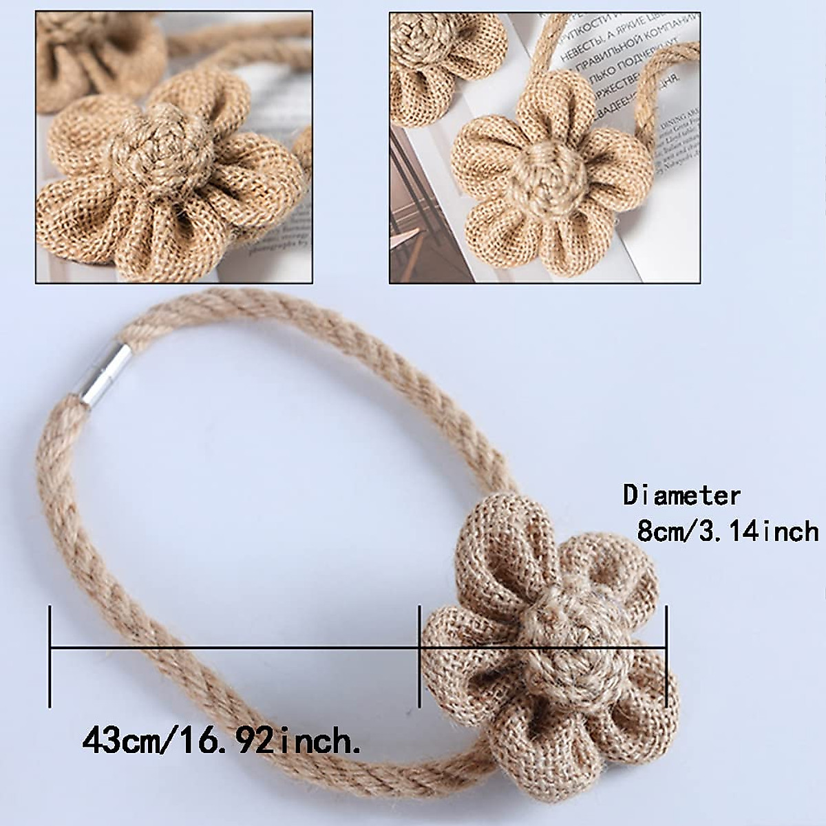 Magnetic Flower Curtain Tiebacks Style Tie Decorative Weave Rope Curtain, glrovazas 2 Pack Curtain Holders for Window Decor Bedroom Office Home(Curry)
