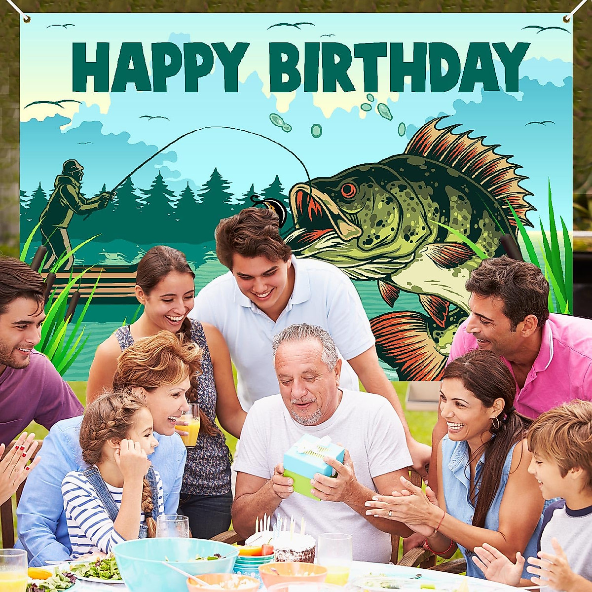 Fishing Man Lake Pole Fish Mouth Happy Birthday Backdrop Banner Love Gone Fishing Fish Fisherman Decor for Retirement Baby Shower Party Photo Photography Prop Booth Background 70.9x47.2in-BECKTEN