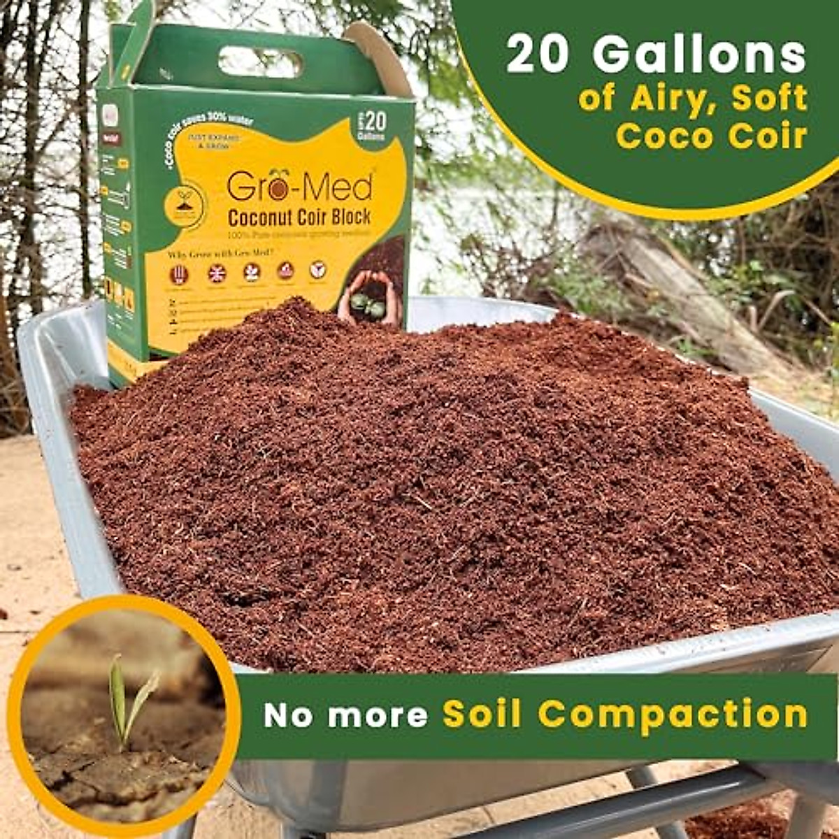 Gro-Med Coco Coir Block - 10lb Compressed Coir Fiber Brick Enriched NPK Expands Upto 80 Quarts-Organic Potting Soil for Flowers, Herbs,Low EC Planting-Growing Medium for Gardening-Seed Starter Soil