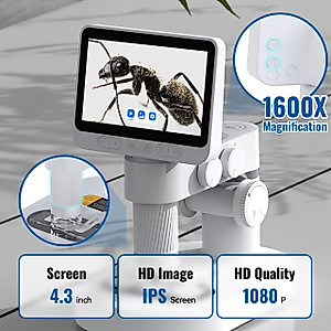 BEAVERLAB Digital Microscope with 4.3'' 1080P IPS Screen [Eco-Friendly Optical Staining] 1600x Magnification for Classroom Education, Macro Photography, Coin Collection, Learning and Explore