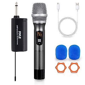 Pyle, UHF Wireless System Kit-Portable Professional Battery Operated Handheld Dynamic Unidirectional Cordless Microphone Transmitter Set w/Adapter Receiver-PA Karaoke DJ Party, USB, Black - PDWMU103