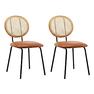 Soohow Faux Leather Indoor Kitchen Set of 2 with Rattan Backrest Modern Industrial Upholstered mid Century Metal Chair Set of 4 Suitable for Dining Room, 2 pcs, Whiskey Brown