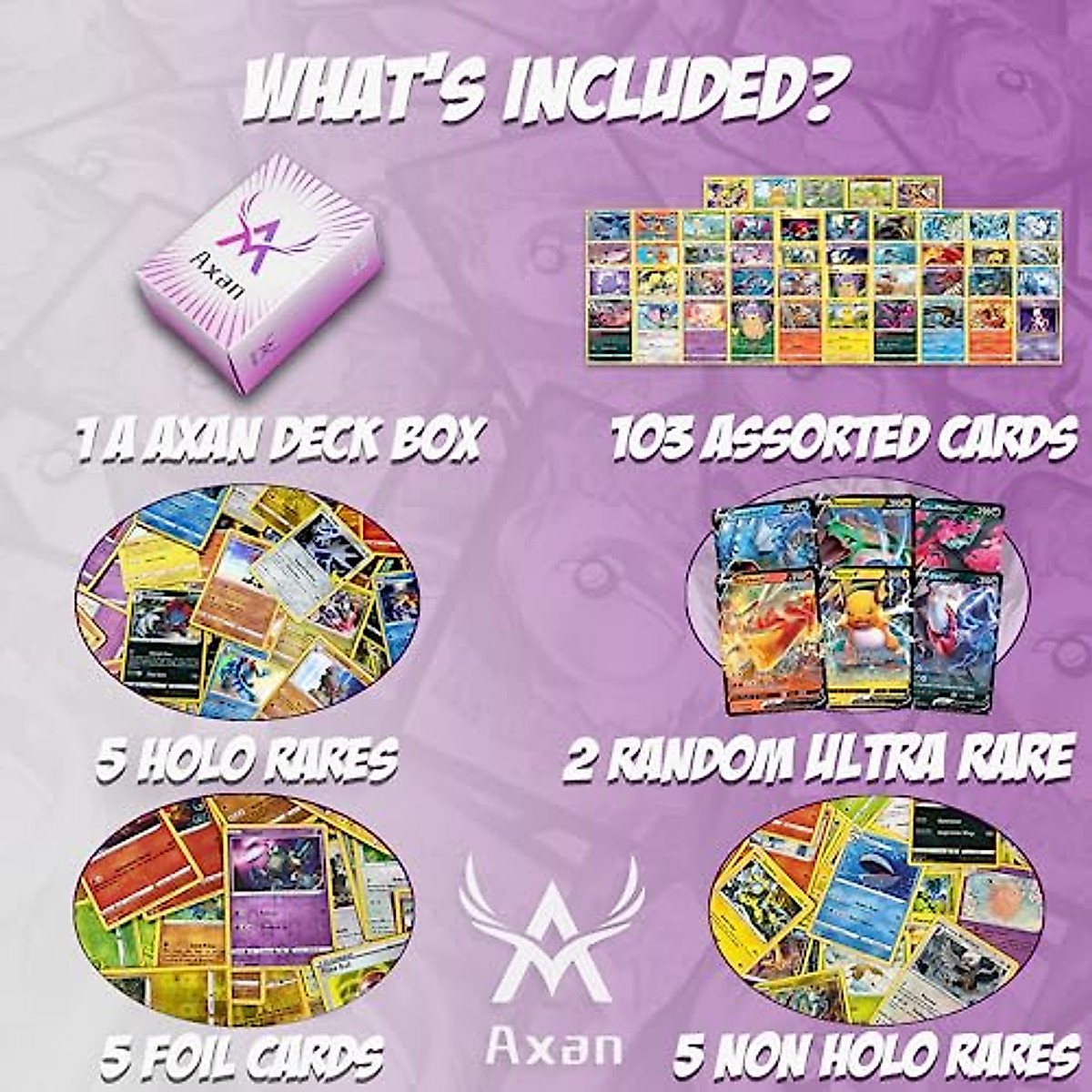 A Axan Ultra Rare Bundle Compatible with Pokemon Cards | Includes 120 assorted cards | 2 Random Ultra Rares, 5 Holo Rares, 5 Foils, 5 Non Holo Rares, and 103 C/UC Cards