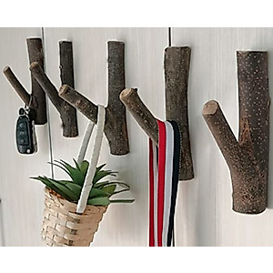 Tsnamay 8Pcs Real Wood Tree Branch Wall Hook, Farmhouse Rustic Decorative Wooden with Bark Trunk Thickness 2cm-3cm with Screw