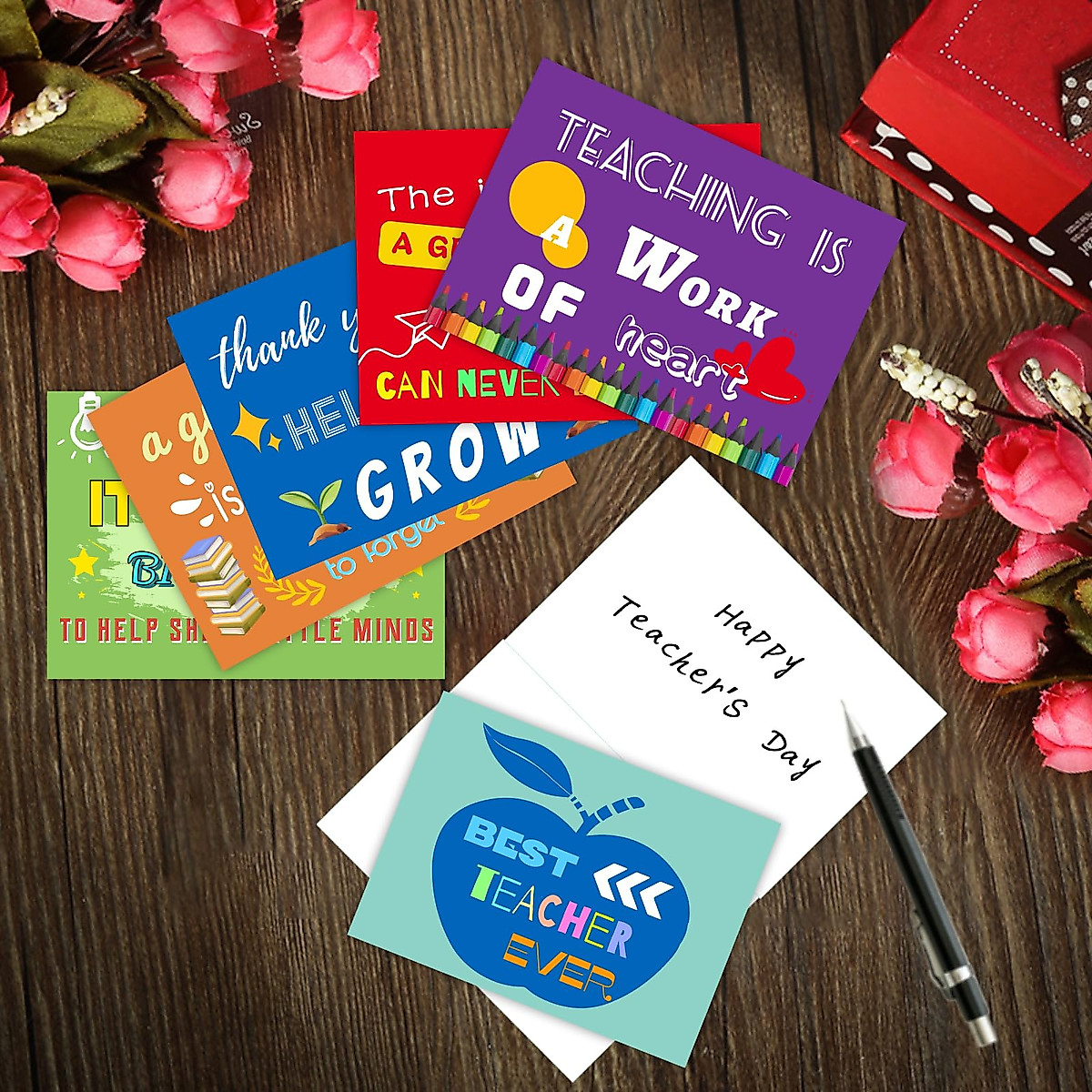 emzrivo 24 Pcs Teacher Appreciation Cards Teacher Thank You Cards with Envelopes and Stickers Thank You Cards for Teacher Gift Cards Bulk Teacher Card for Thanksgiving Christmas Day, 4 x 6 Inches