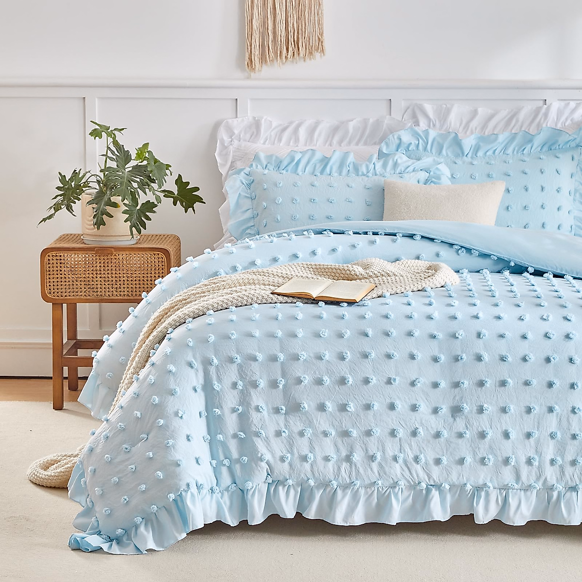 Tufted Dots Ruffle Comforter Set Twin Size, 3 Pieces Blue Ruffled Farmhouse Comforters, Luxury Embroidery Shabby Chic Pom Pom Tufts Boho Bohemian Bedding Set for Kids(1 Comforter + 2 Pillowcases)