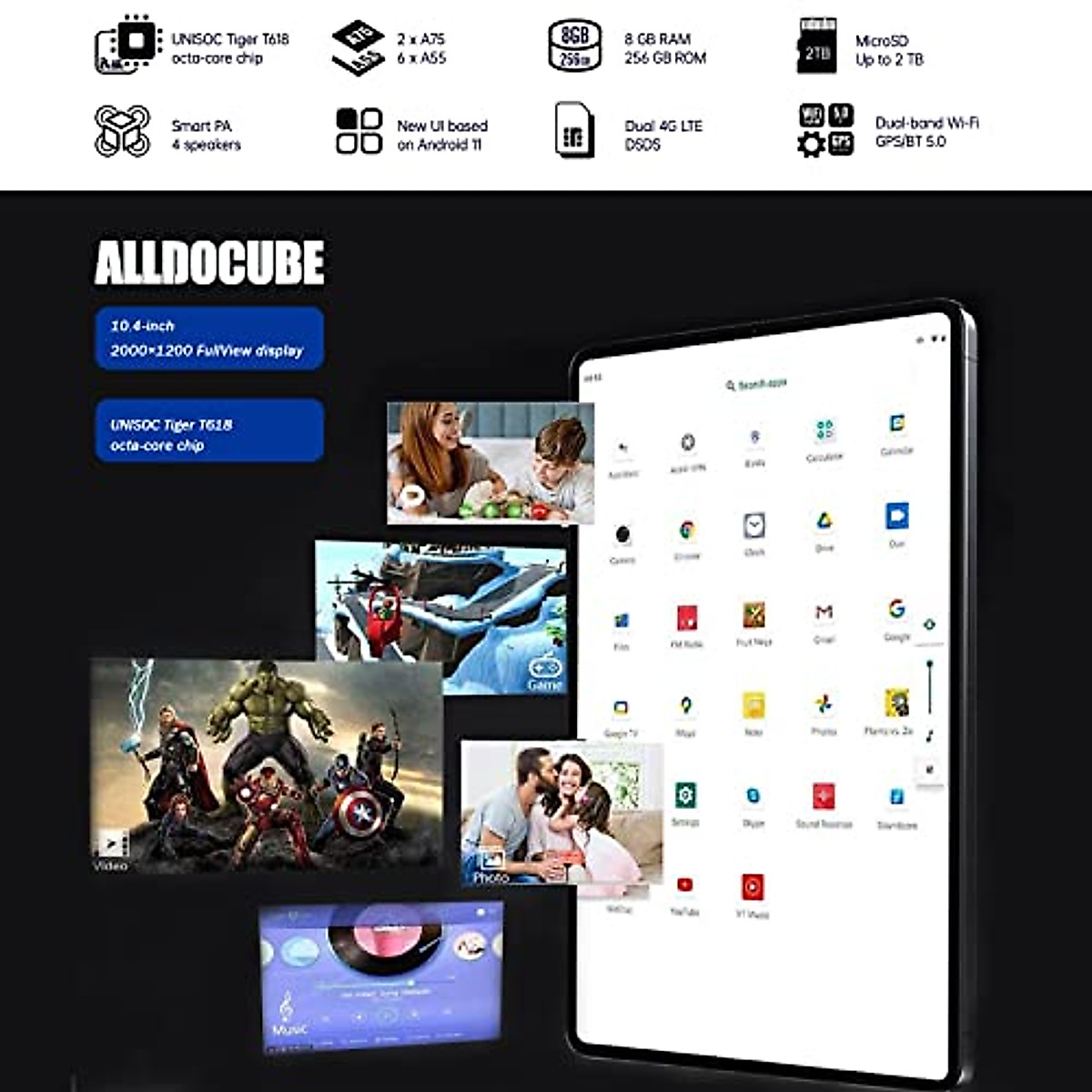 ALLDOCUBE Android Tablet 10.4", iPlay40Pro Tablet PC, Android 11, UNISOC Tiger T618 CPU, 8GB RAM/256GB ROM, in-Cell Technology IPS Screen, 2.4+5G WiFi, TF Expansion for Study Work Entertainment