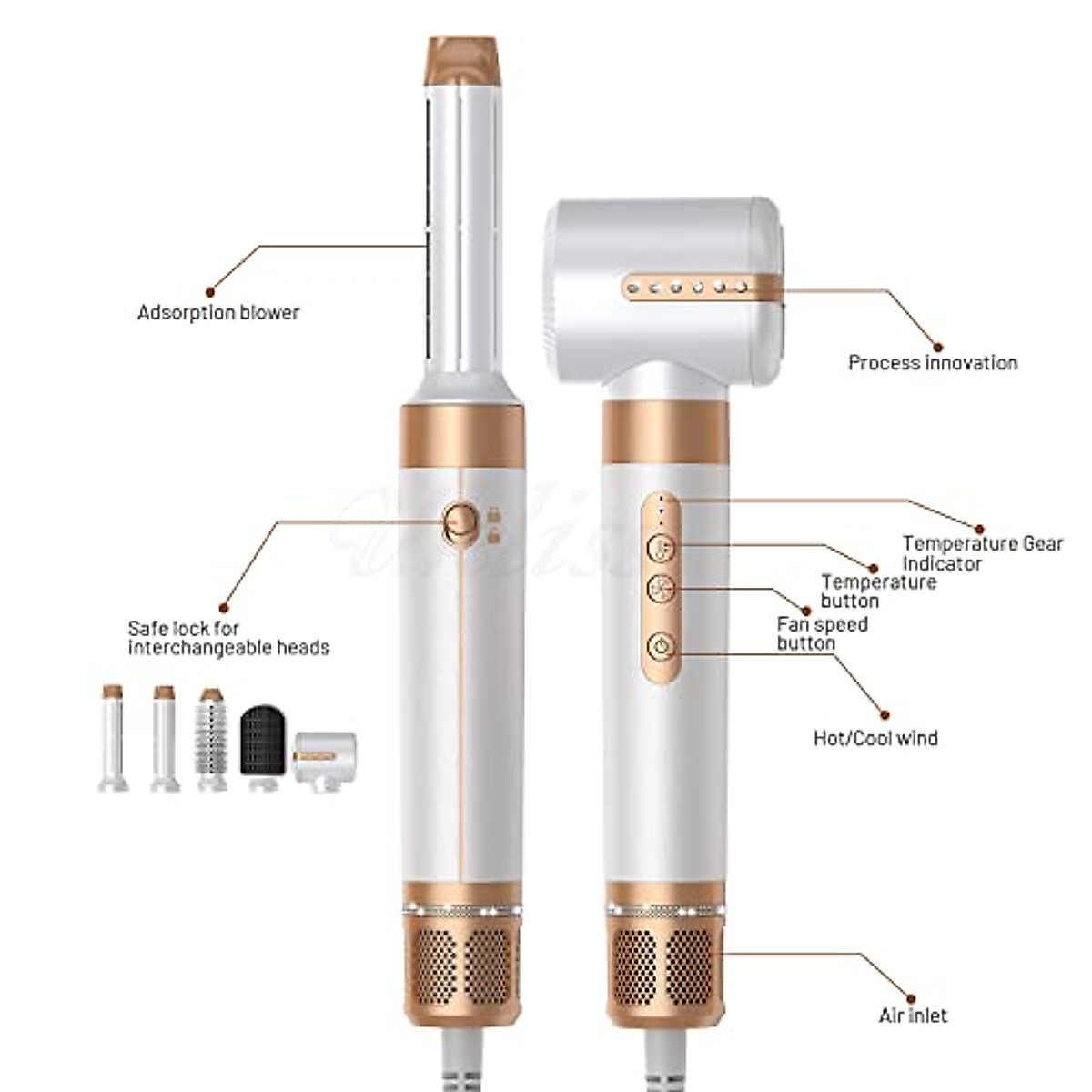 Hot Air Hair Blow Dryer Brush Set, 7 in 1 Hot Air Brush Styler Dryer and Volumizer with Negative Ion Anti-frizz 110,000 RPM High Speed Hair Brush Blow Dryer Straightener for Women, Gold White