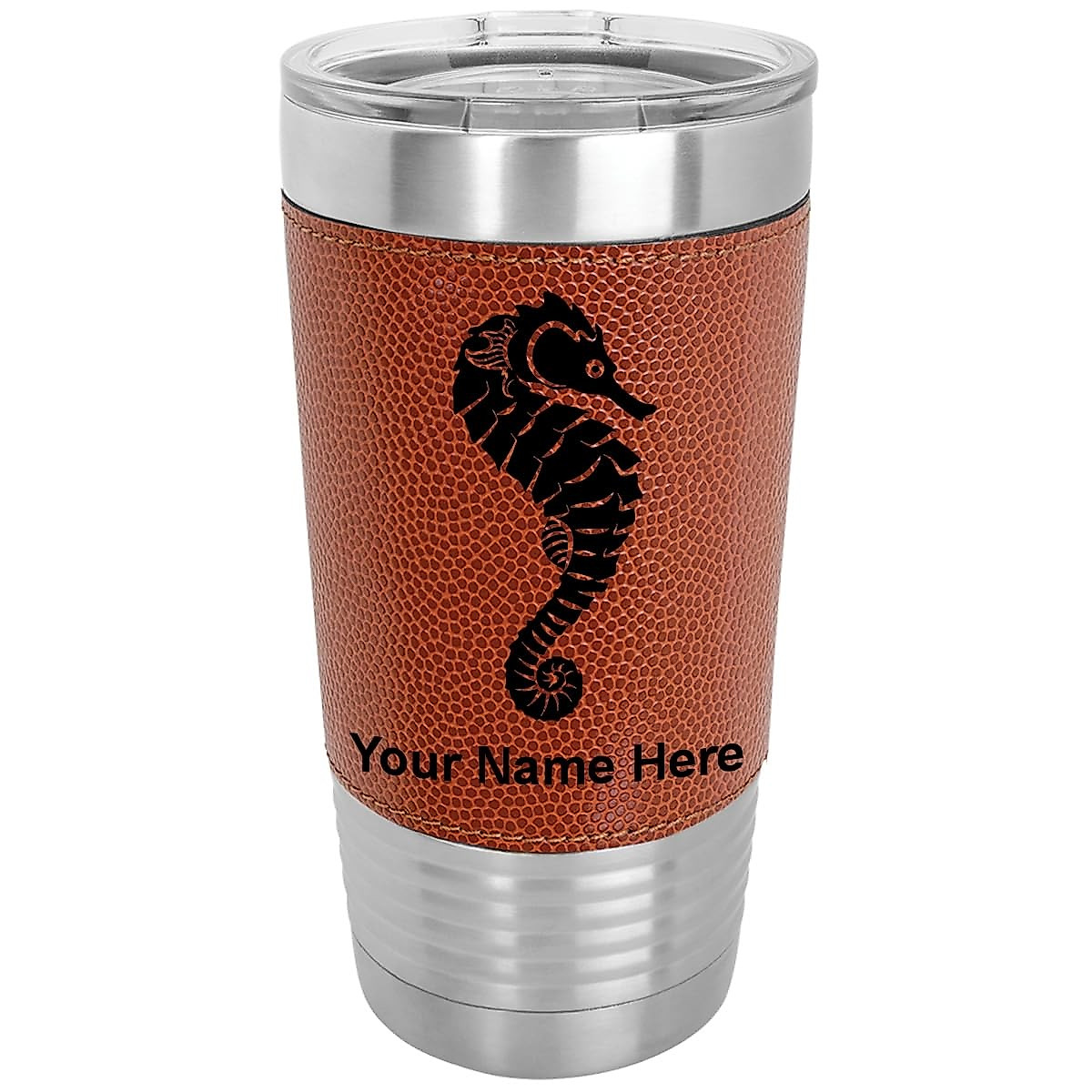 LaserGram 20oz Vacuum Insulated Tumbler Mug, Seahorse, Personalized Engraving Included (Faux Leather, Basketball Style)