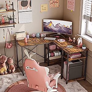 Bestier L Shaped Desk with Shelves 75 Inch Reversible Corner Computer Desk or 2 Person Long Table, Writing Study Desk for Home Office Small Space Bedroom Apartment, Rustic Brown