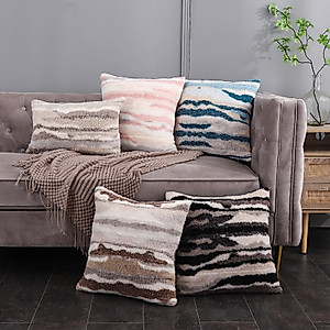 Black White Fluffy Throw Pillow Covers 18x18 Faux Fur Boucle Decorative Accent Cushion Cases Sherpa Neutral Fuzzy Plush Indoor Winter Decorations Home Decor for Couch Livingroom Bed Sofa, Set of 2