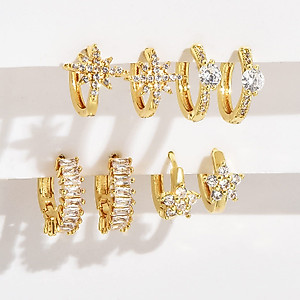 Small Gold Huggie Hoop Earrings Set for Women, Hypoallergenic Twisted Cartilage Hoops Lightweight, Tiny Diamond Hoop Earrings Jewelry for Multiple Piercing (4pairs,star)