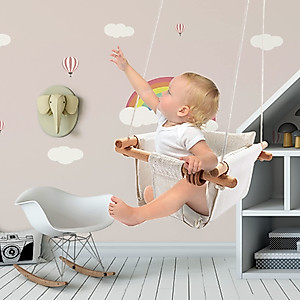 Mlian Secure Canvas and Wooden Baby Hanging Swing Seat Chair Indoor and Outdoor Hammock Backyard Outside Swing Kids Toys Swings 6-36 Months with Lace Décor Cushion and Natural Wooden Ring, Beige